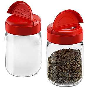 Spice Shaker Jar For Salt And Pepper/Parmesan Cheese/Seasoning Shaker, With Dual Flap Lid Perforated And Pouring Top - 6 Oz Glass Seasoning Shaker - Set of 2- Red