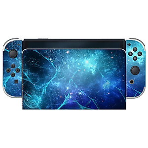 PlayVital Full Set Protective Stickers for Nintendo Switch OLED Model, Customized Vinyl Decal Skins for Switch OLED Console & Joycon & Dock & Grip - Blue Nebula