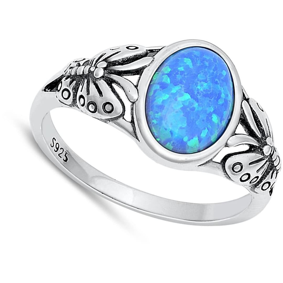 Butterfly Blue Simulated Opal Fashion Ring New .925 Sterling Silver Band Size 5