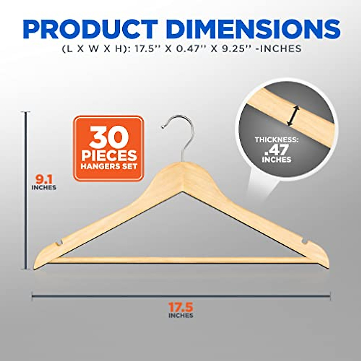 SereneLife Premium Solid Wooden Hangers - Smooth Finish Space Saving Heavy Duty Suit Clothes Hanger Set w/ 360 Degree Swivel Metal Hook, Precisely Cut Notches, for Coats Jackets Pants, Brown (30-Pack)