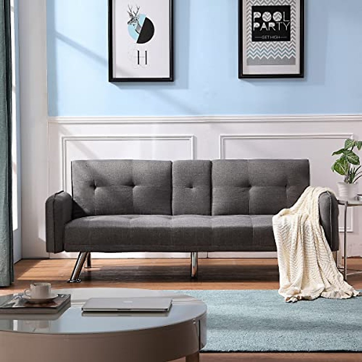 OYN Modern Futon Sofa Loveseat Convertible Sleeper Couch Bed Futonbed for Living Room Apartment Small Space Furniture Sets with 2 Cup Holders,Metal Legs, Removable Soft Square Armrest,Dark Gray