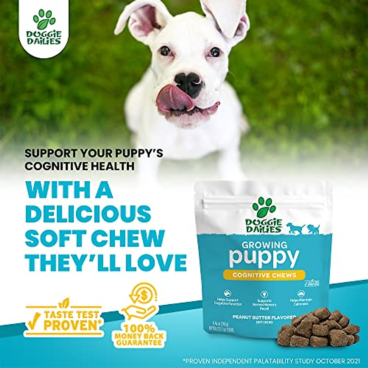 Doggie Dailies Cognitive Puppy Chews | Puppy Vitamins with DHA, Selenium, Organic Ashwagandha & Antioxidants to Support Brain Health, Nervous System Function & Promote Calmness | 120 Soft Chews