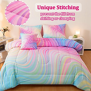 Girls Full Bedding Sets, 6 Pcs Pink Full Szie Comforter Set with Sheets, Tie Dye Superior Blue Pink Rainbow Bedding Set for Girls Kids