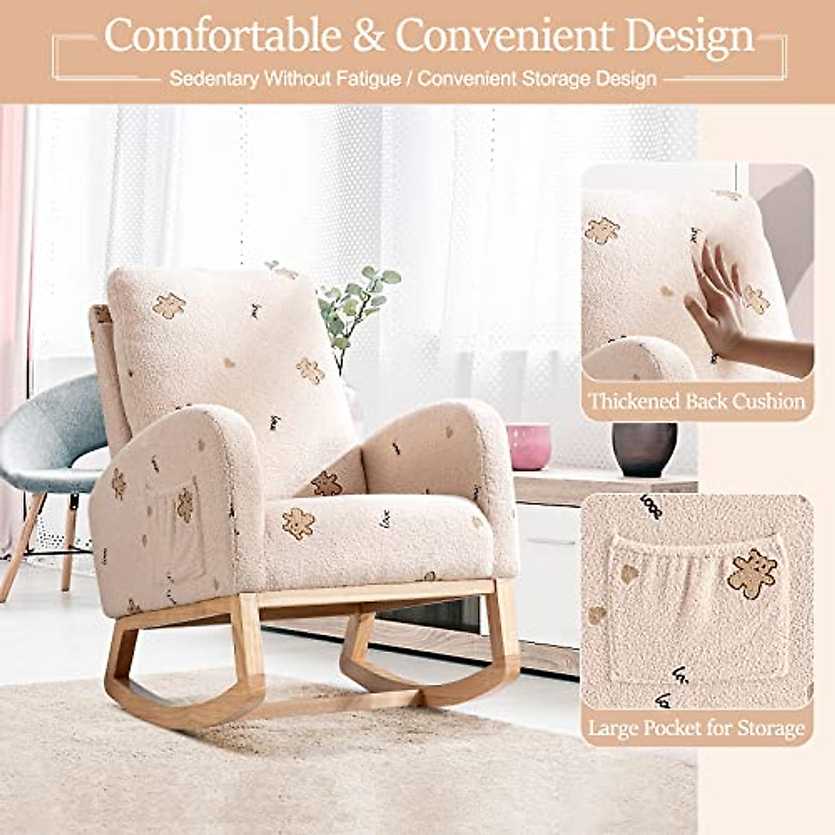 Cute Comfy Rocking Chair for Baby Nursery, Upholstered Rocker Chair with High Backrest and Side Pocket, Modern Armchair for Living Room, Glider Rocker with Solid Wood, Quiet Rocking Design, Beige