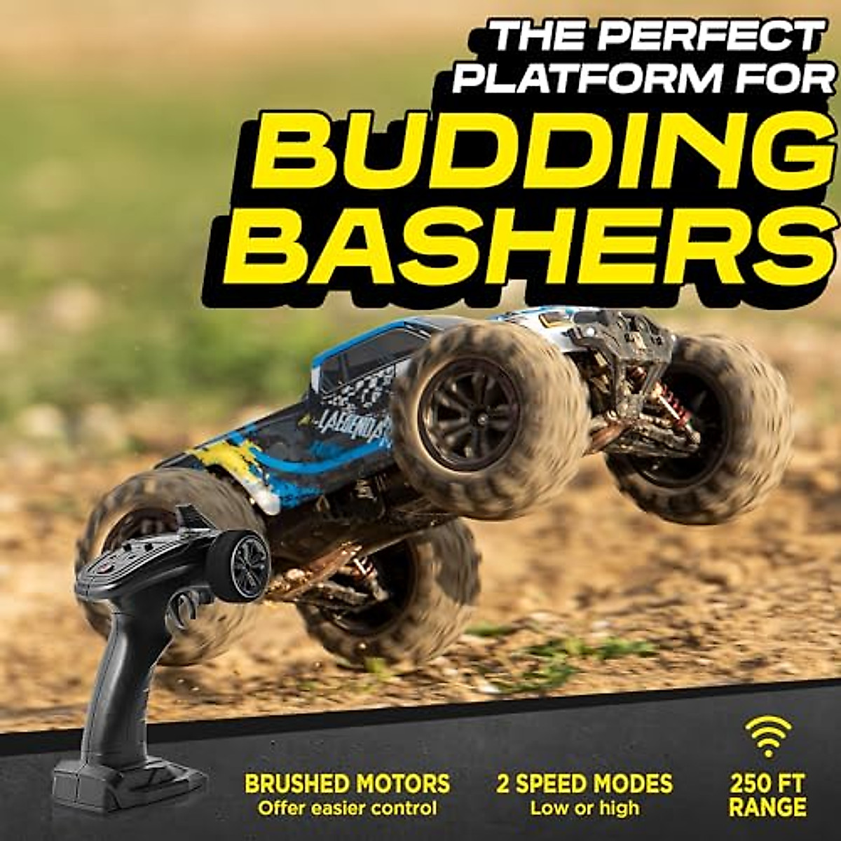 LAEGENDARY 1:10 Scale 4x4 Off-Road RC Truck - Hobby Grade Brushed Motor RC Car with 2 Batteries, Waterproof Fast Remote Control Car for Adults