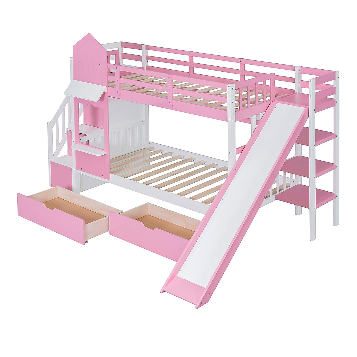SOFTSEA Twin Over Twin Bunk Bed with Storage and Drawers for Kids Boys Girls Solid Wood Bunk Bed with Slide and Staircase