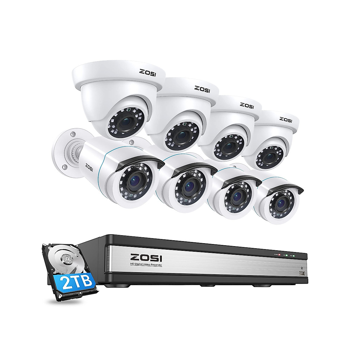 ZOSI Full 1080p 16 Channel Home Security Camera System, H.265+ 16 Channel DVR with Hard Drive 2TB and 8 x 1080p Weatherproof CCTV Bullet Dome Camera Outdoor Indoor,Night Vision, Motion Alert Push