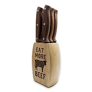 Eat More Beef Farmhouse Kitchen Decor Knife Block For Steak Knives 5 Inch Utility Knives 6 Piece Slot Organizer Durable 100% Natural Oak Wood, Gifts for Family Friends, Housewarming gifts 3.7x2.4x5"