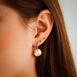 Textured Disk Charm 14K Gold Clasp Closure Dangle Earrings, Trendy Huggie Hoop With Charm Earrings, Hypoallergenic Nickel Free, Lightweight Huggies for Everyday Fashion Handmade Boho Jewelry For Women