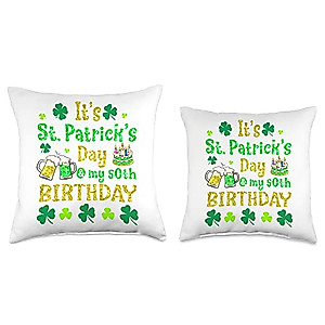 St Patricks Day Shamrocks Beer & Cake It's St Patrick Day & My 50th Birthday Throw Pillow, 18x18, Multicolor