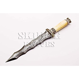 Skokie Knives HAND MADE DAMASCUS STEEL HUNTING DAGGER KNIFE WAVY BLADE WITH ORIGINAL CAMEL BONE