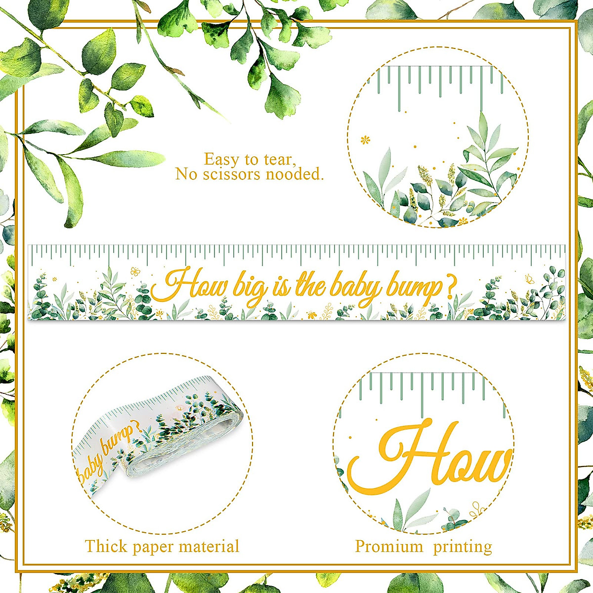 3 Rolls Baby Shower Measure Belly Game Baby Shower Games How Big Is Baby Bump Belly Measuring Tape for Gender Reveal Games Party Supplies, 2 Inch x 115 Ft (Leaves Style)