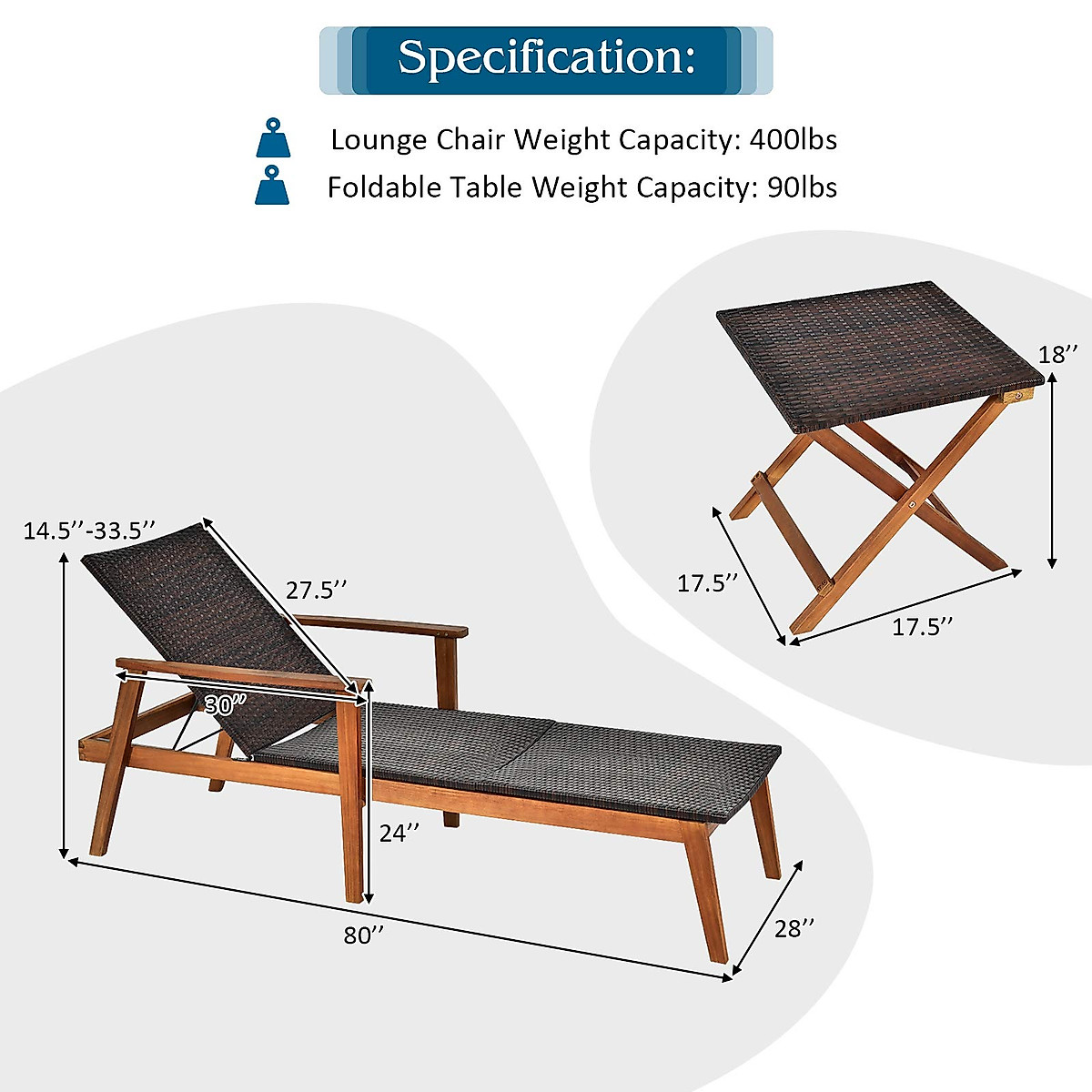 Tangkula 3 Pieces Outdoor Chaise Set, Wicker Rattan Lounge Chair w/Acacia Wood Frame, 4 Adjustable Positions Patio Wicker Lounge Set & Foldable Side Table, Suitable for Lawn, Backyard (Mix Brown)