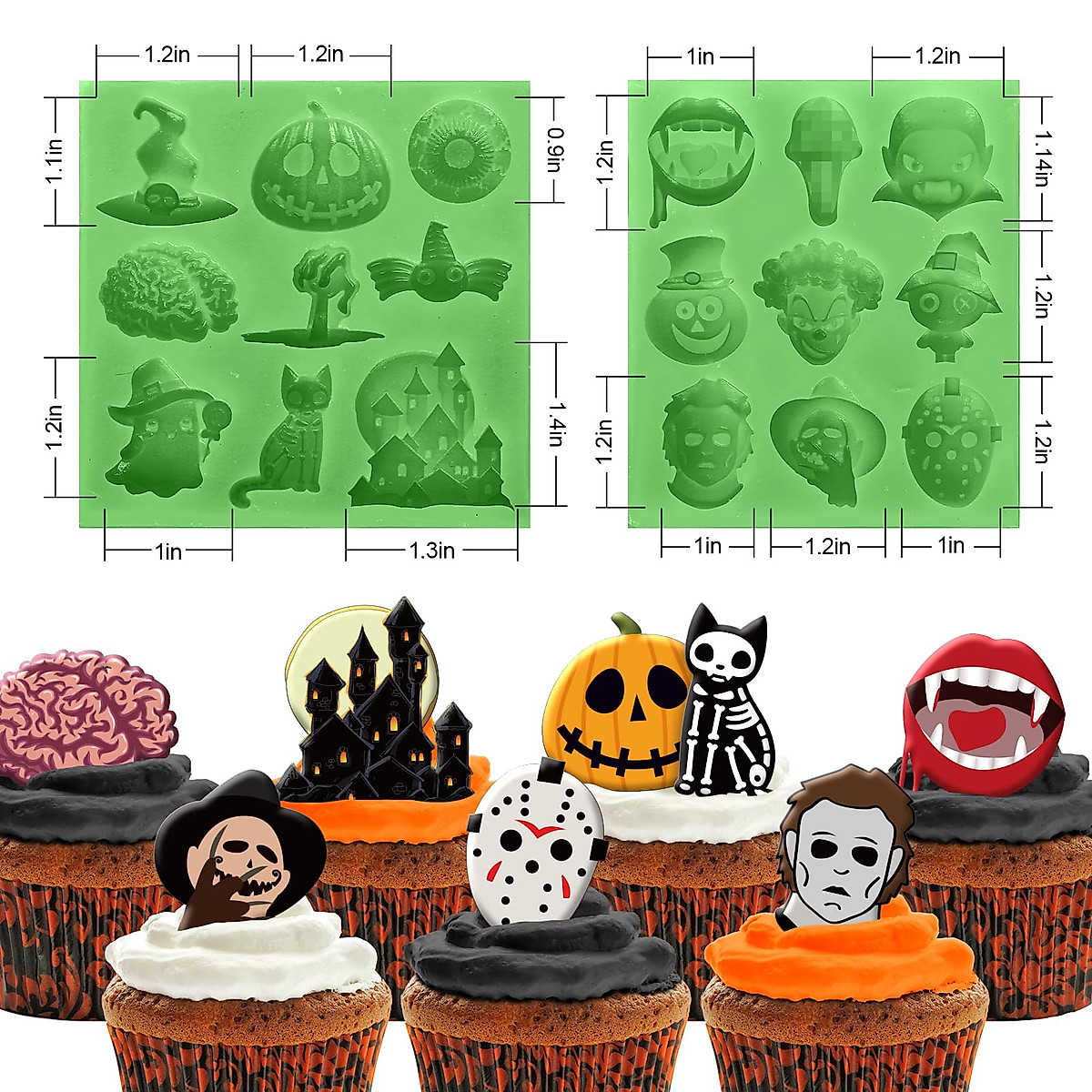 Whaline 2Pcs Halloween Theme Fondant Molds Halloween Spider Pumpkin Eyeball Clown Vampire Pattern Silicone Candy Moulds for Halloween Party Cupcake Topper Decorating Sugar craft Gum Paste Resin Clay