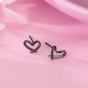 Reffeer Solid 925 Sterling Silver Tiny Heart Stud Earrings for Women Teen Girls Love Heart Stud Earrings (D-Black Gold)