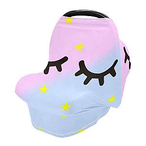 Eyelashes with Yellow Stars Baby Car Seat Covers, Nursing Cover Breastfeeding Scarf Soft Breathable Stretchy Coverage, Infant Stroller Cover for Boys Girls