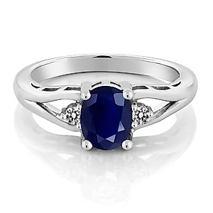 Gem Stone King 925 Sterling Silver Blue Sapphire and White Diamond Engagement Ring | 1.86 Cttw | Oval 8X6MM | 3 Stone Wedding Anniversary Promise Ring For Women | Ring Size 5-9