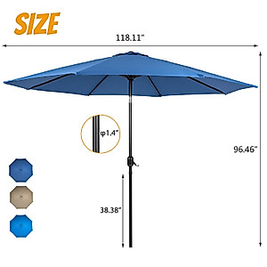 3-Piece Wicker Outdoor Furniture Bar Set, 2 Stools and 1 Glass Top Table, Large-Capacity Storage Space Brown Wicker Patio Bar Table with 9Ft Blue Round Patio Umbrella
