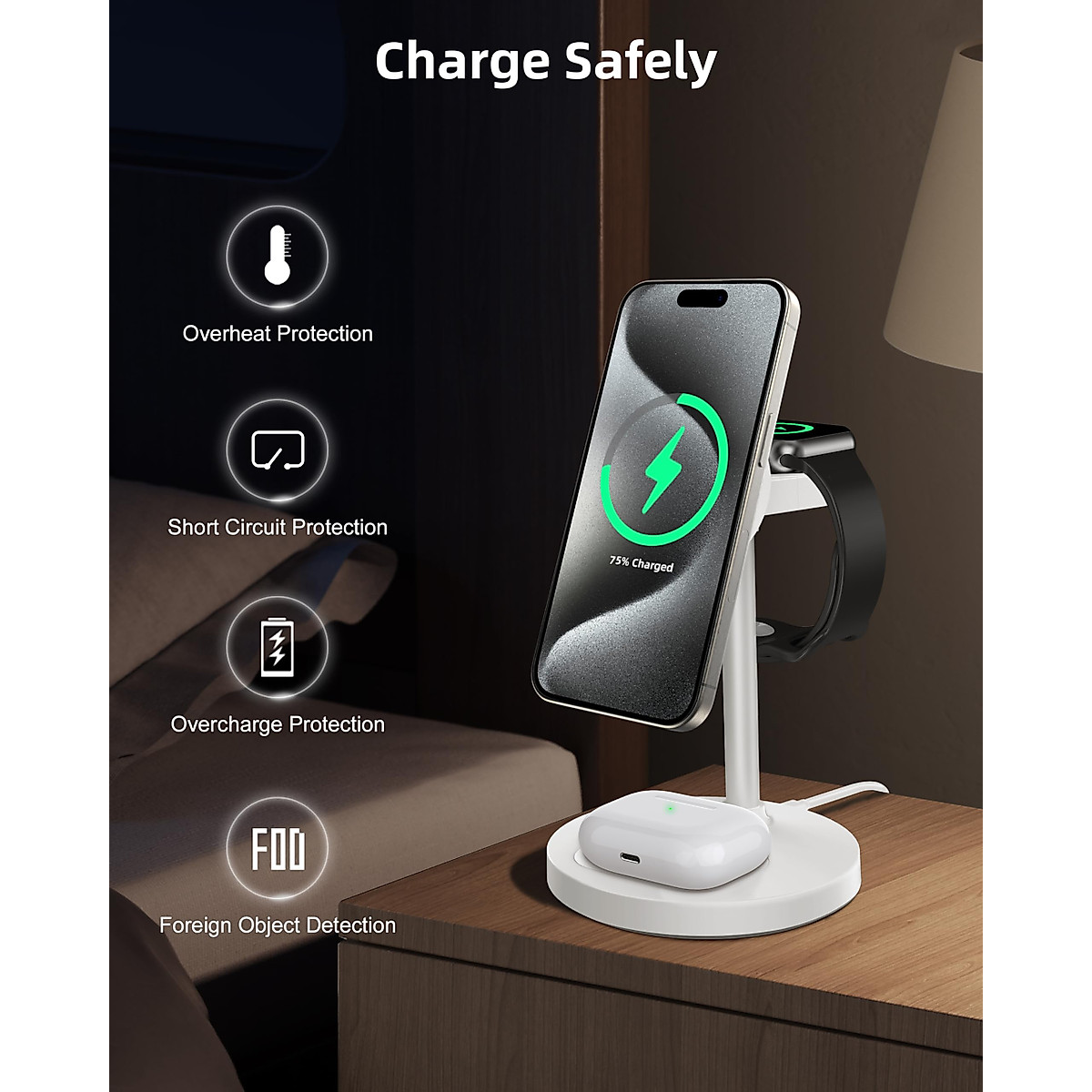 FutureCharger for MagSafe Charger Stand - 3 in 1 Wireless Charging Station for Apple Devices, for iPhone 15/14/13/12 Series, for iWatch/Airpods, Aluminum Alloy Rod, Leather Pad, White