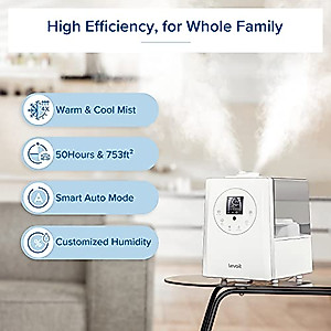 LEVOIT Humidifiers for Bedroom Large Room Home, 6L Warm and Cool Mist Ultrasonic Air Vaporizer for Plants and Whole House (2.4L Water Tank), Built-in Humidity Sensor, Essential Oil Diffuser, Whisper Quiet, Timer, White