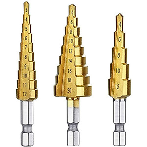 3PCS Titanium Uni Step Drill Bit Set,Sizes 3-12mm 4-12mm 4-20mm