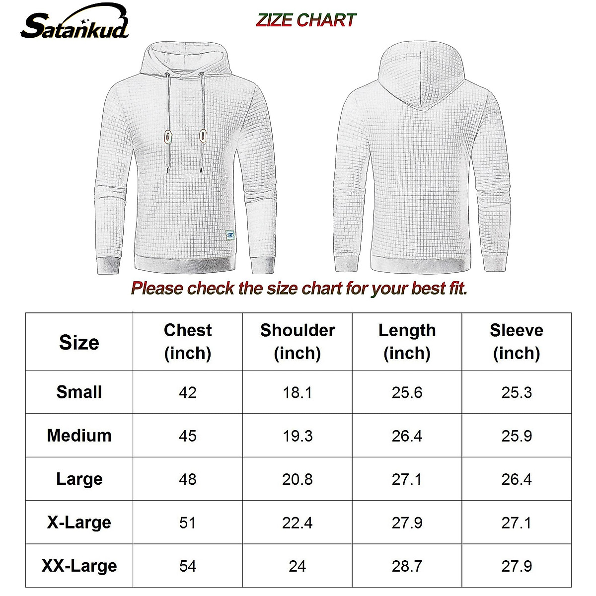 Satankud Mens Pullover Hoodie Long Sleeve Hooded Sweatshirt Casual Hoodies Square Pattern (Black, XL)