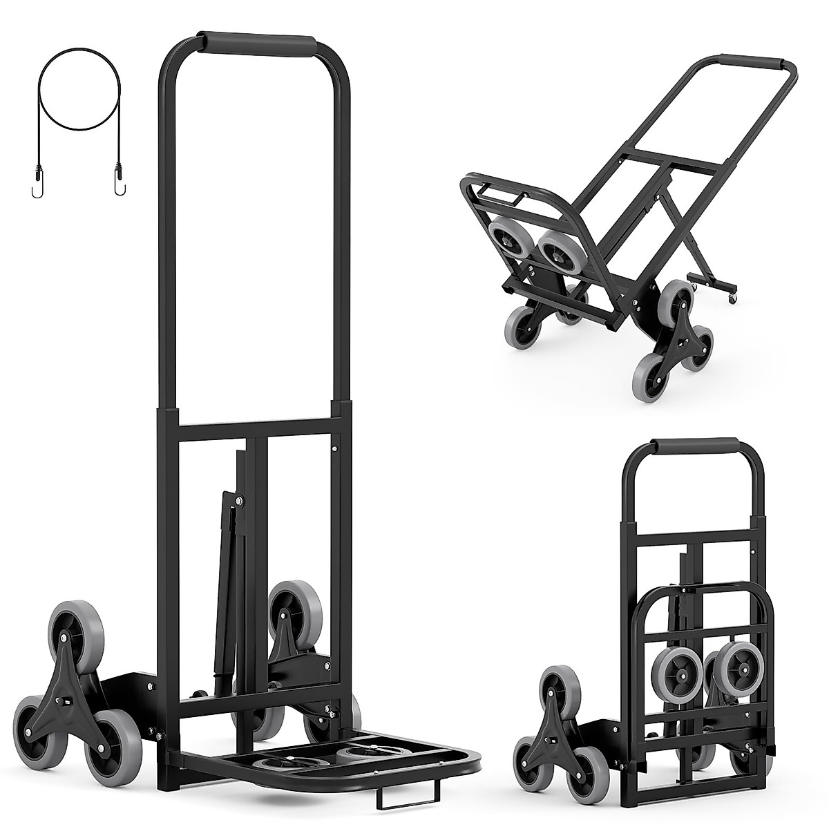 Oarlike Stair Climbing Dolly Cart with 330 lbs Capacity, Heavy Duty Stair Climber Cart with Rope and Telescoping Handle, Foldable Hand Truck with Wheels for Shopping, Moving (Black)
