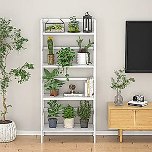 Homykic Ladder White Bookshelf, 4-Tier Bamboo Ladder Shelf 49.2” Book Shelf Bookcase Floor Freestanding Bathroom Storage Rack Plant Stand for Small Space, Bedroom, Living Room, Easy to Assemble