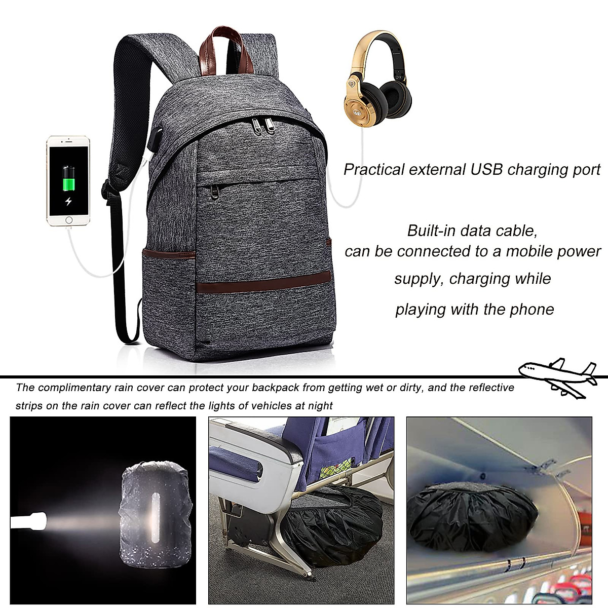 Seekvigor Laptop Backpack for Men Woman,Casual College Backpack with USB Charging Port, 20L Waterproof Travel Backpack for 14 Inch Laptop,Grey