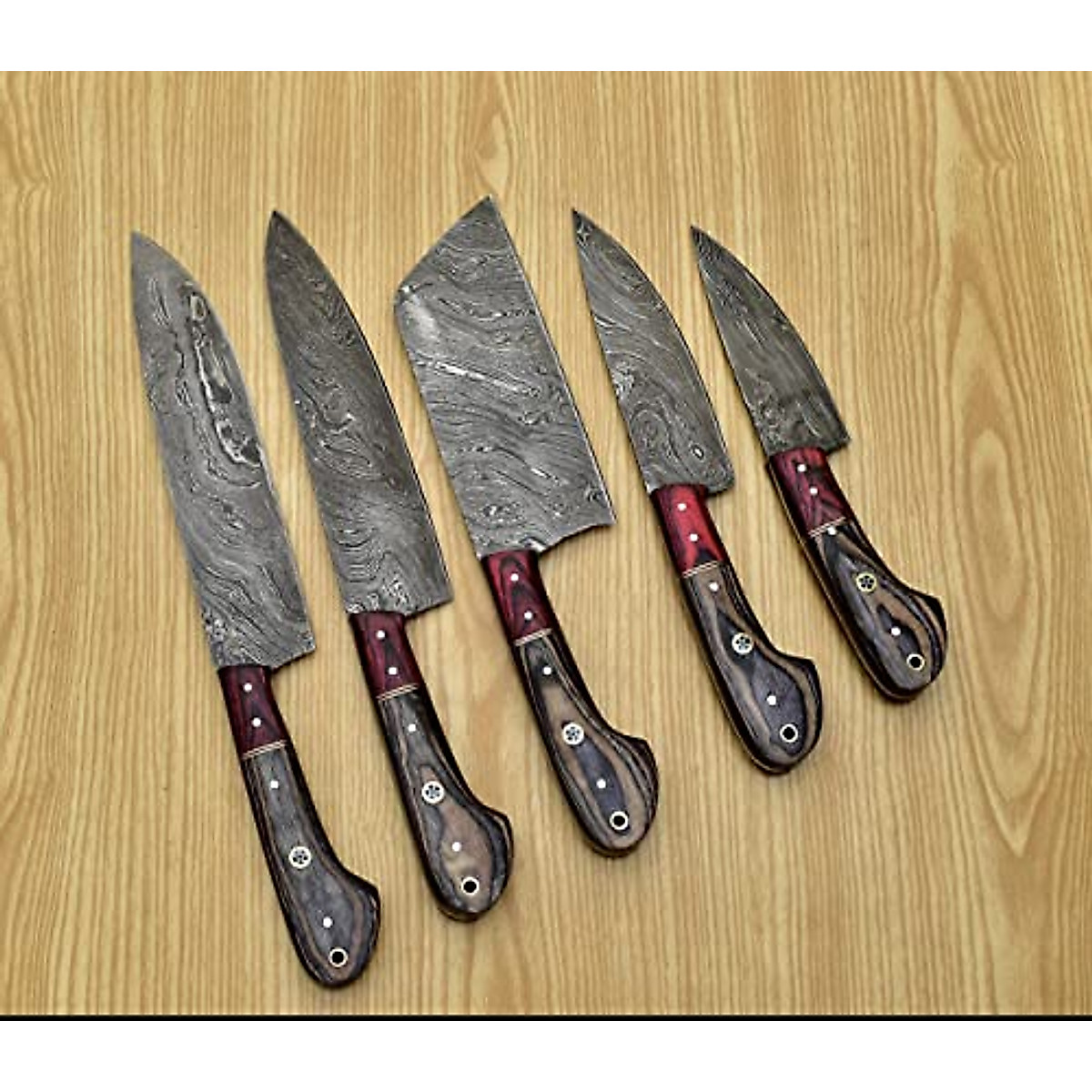 Hand Forged Chef Knives Kitchen Set Damascus Steel Knives Handmade Knife Set,Professional Chef Knives Set Vegetable Meat Cooking Knife Tools Accessories with Beige Solid Wood Handle,5 Pieces Set Knife