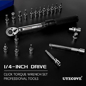 UYECOVE 1/4-Inch Drive Click Torque Wrench 26pcs Set, 20-200in.lb/ 2.26-22.6Nm, Bike Torque Wrench Set with Extension Bar Adaptor & Sockets, High Accuracy Dual-Direction Reversible