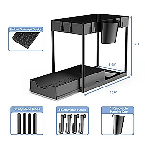 Bugdaben Under Sink Organizers and Storage - 2 Tier Sliding Under Sink Organizer with Dividers, 4 Hooks and 1 Hanging Cup, Multi-purpose Under Cabinet Organizer for Bathroom & Kitchen