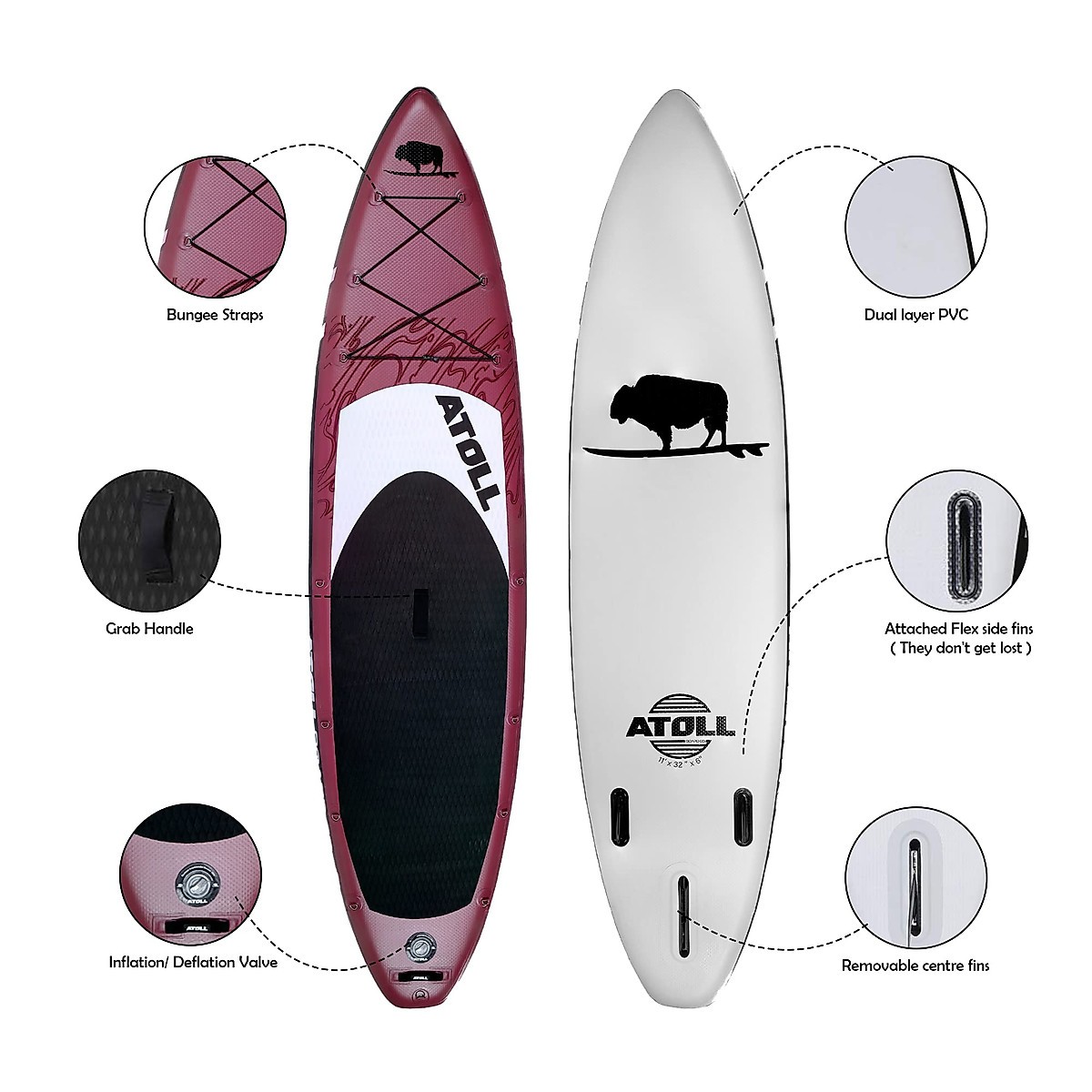Atoll Inflatable Paddle Board with Premium SUP Stand Up Paddle Board Accessories & Back Pack, Non-Slip Comfort Deck for Unisex Adult - 11ft (Burgundy)