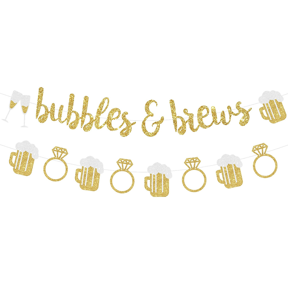 Sursurprise Gold Glitter Bubbles & Brews Banner, Beer Diamond Ring Garland, Bubbly Bar Sign for Funny Engagement Party Decorations Bridal Shower Wedding Bachelorette Supplies