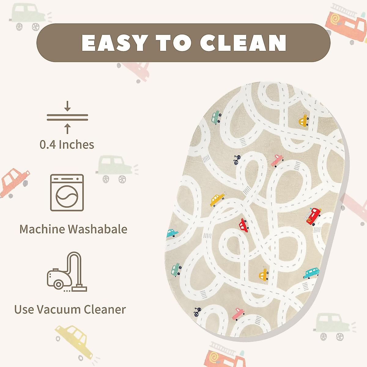 STARUIA Large Kids Rug for Playroom, 4'x6' Washable Road Rug for Nursery, Non-Slip Car Rug for Boys Room, Tan Traffic Classroom Rug Soft Baby Play Mat for Dorm Toy Room Tent