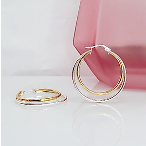 Sterling Silver Two-Tone Double Circle Round-Tube Polished Hoop Earrings, 30mm