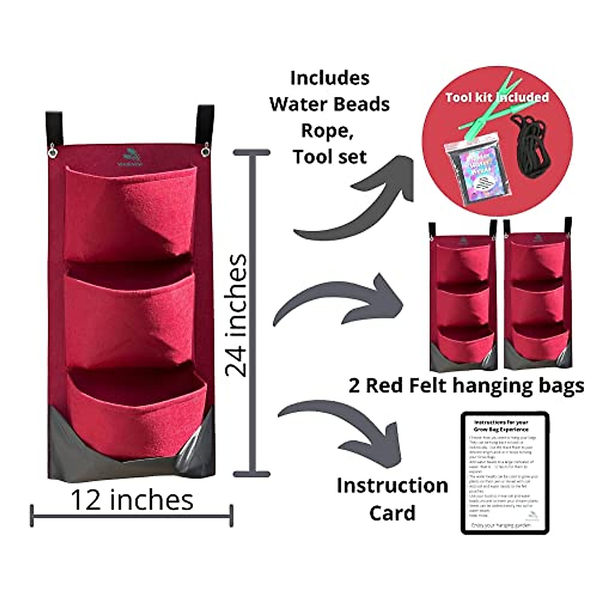 Vertical Wall Hanging Felt Fabric Planter Grow Bags/Hanging Garden Planter Kit Red Felt Waterproof Back 2 Pack x 3 Pocket for Indoor or Outdoor/Vegetable, Herb, Flower, Succulent or Seed Planter