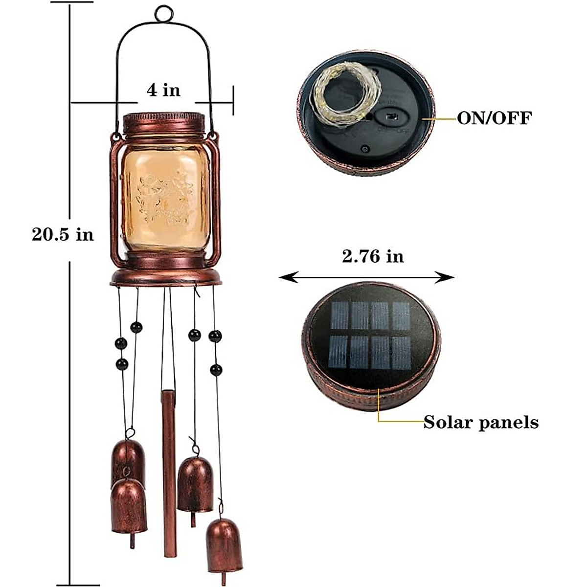 ZYLiWoo-Solar Wind Chime, Mason jar Chime Light,Hanging Chimes, Memorial Chimes Outdoor Waterproof, Suitable for Garden, Terrace and Courtyard Corridor Decoration