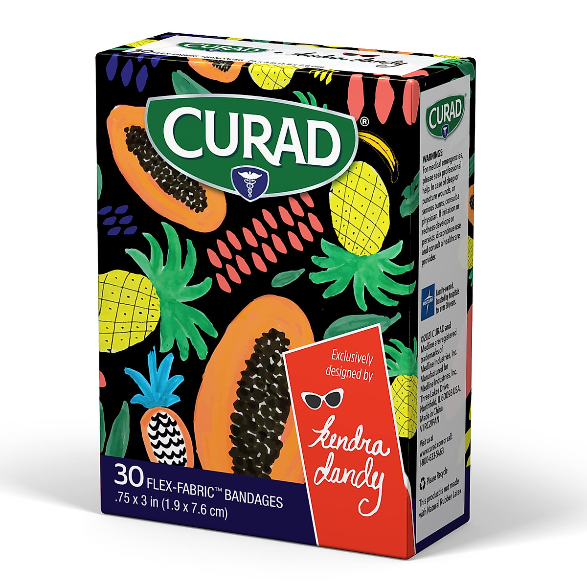 Curad Kendra Dandy Designer Adhesive Fabric Bandages (90 Count), 2 Colorful Patterns - Pineapples and Papayas, First Aid Bandages are .75" x 3", 30 Count Boxes (3 Pack)