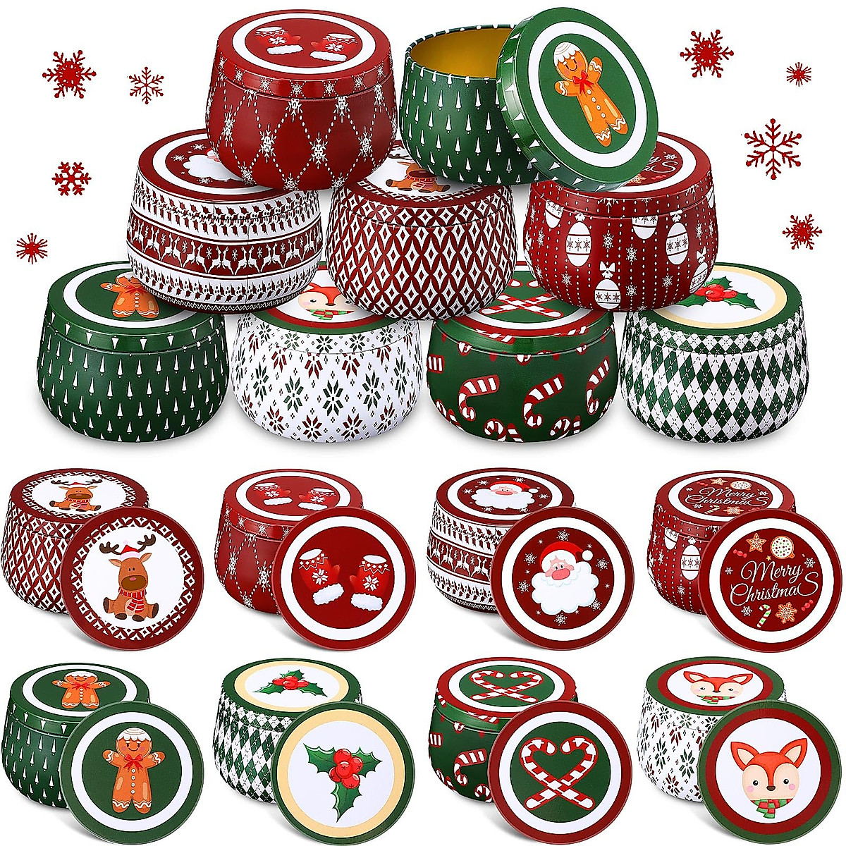 Uiifan 48 Pcs Christmas Candle Tins Cookie Tins Metal Candles Tin Gifts Jars with Lids 8 oz Candy Tinplate Retro Tins Round Containers for Candle Holiday Gift Giving Treat Biscuits Party Favors