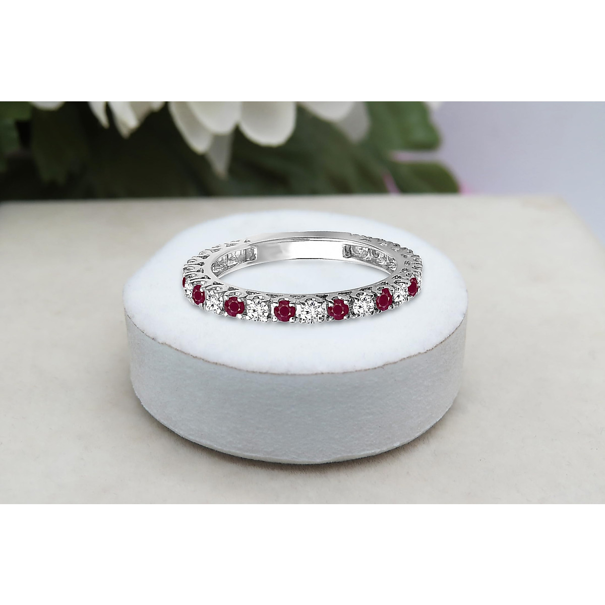 Dazzlingrock Collection 10K Round Ruby And White Diamond Eternity Stackable Ring Anniversary Wedding Band, White Gold, Size 7