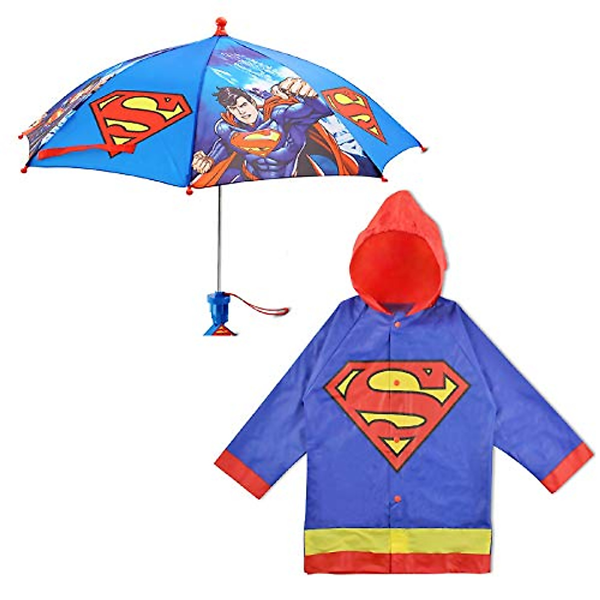 DC Comics Kids Umbrella and Poncho Raincoat Set, Batman & Superman Boys Rain Wear for Toddler 2-3 or Kids 4-7