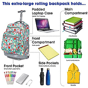 J World New York Sundance Rolling Backpack Girl Boy Roller Bookbag, Flora, 20 Inch