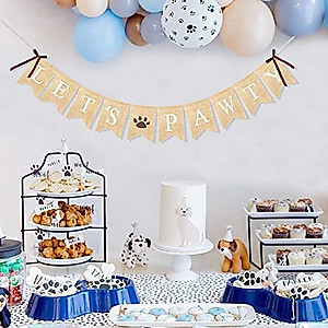 Uniwish Burlap Let’s Pawty Banner Dog Birthday Party Decorations Puppy Pet Dogs Cats Happy Birthday Paw Print Sign Photo Backdrop
