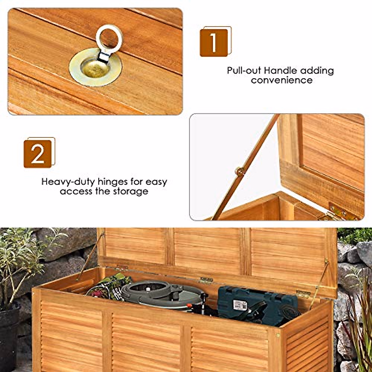 Tangkula 47 Gallon Acacia Wood Deck Box, Garden Backyard Storage Bench, Outdoor Storage Container for Patio Furniture Cushions and Gardening Tools (Natural)