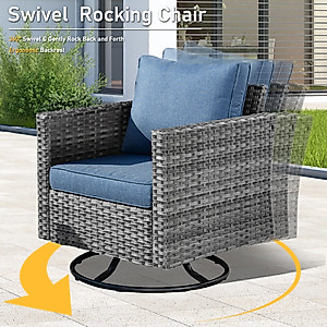 HOOOWOOO Patio Outdoor Conversation Set with Fire Pit Table,6 Piece Modern Outside Furniture with Swivel Rocking Chairs,PE Wicker Out Door Furniture Sofa Set(Denim Blue)
