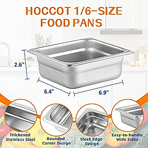 HOCCOT 6 Pack Pans 1/6 Size 2.6" Deep, 304 Stainless Steel, Commercial Hotel Pan, Steam Table Pan, Catering Food Pan