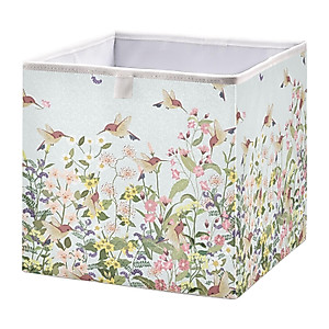 FUGIDOG 11x11x11 inch Fabric Storage Bins Flowers Hummingbirds Foldable Storage Cubes Baskets with Handles Clothes Toys Storage Box for Nursery Closet Shelves Organizer