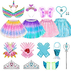 STOPKLAS Little Girls Dress Up Costume Set, Fairy and Mermaid Princess Dress up Trunk with Accessories 19pcs Girls Pretend Play Costume for Girls 3-6