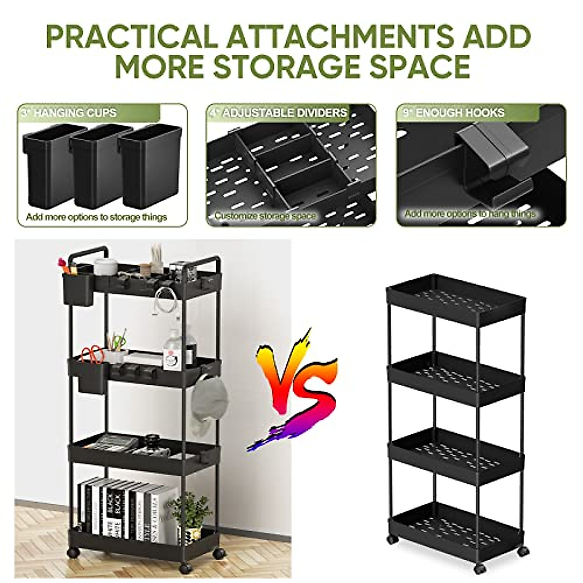 Mosxoed Slim Storage Cart Rolling Utility Cart with Wheels 4 Tier Mobile Bathroom Organizer Cart for Laundry Room Kitchen Office Narrow Space with Handle Hanging Cups Dividers, Black, 35" H